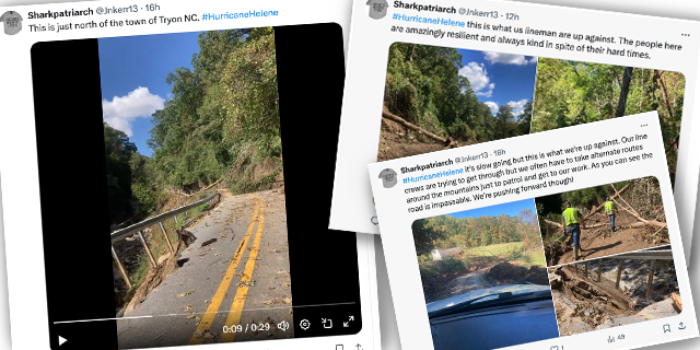 Lineman working north of Tryon post images, video demonstrating ...